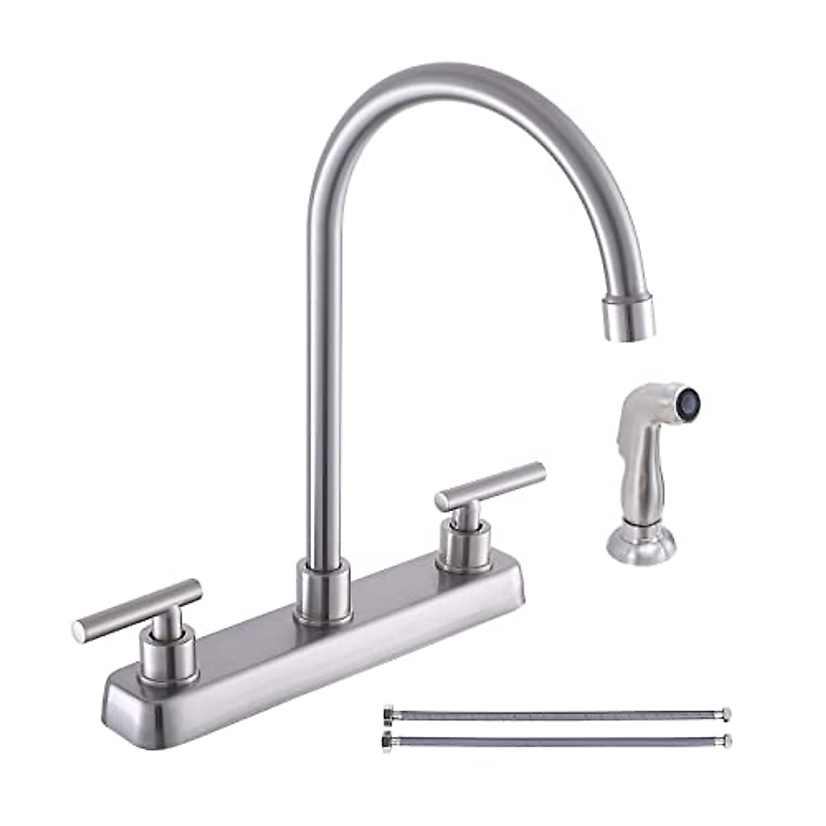 Hotis 4 Hole Kitchen Faucet, Brushed Nickel 2 Handle Kitchen Faucet with Side Sprayer, Rv 3 Hold Kitchen Sink Faucet, Stainless Steel High Arc 360 Swivel Kitchen Faucet Pull Out Side Sprayer
