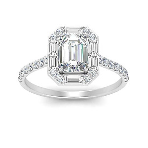 JewelryGift Art Deco Emerald Cut Halo Ring 925 Sterling Silver Created Cubic Zircon Emerald Shape White Color Halo Engagement Rings Prong Setting in Size 7