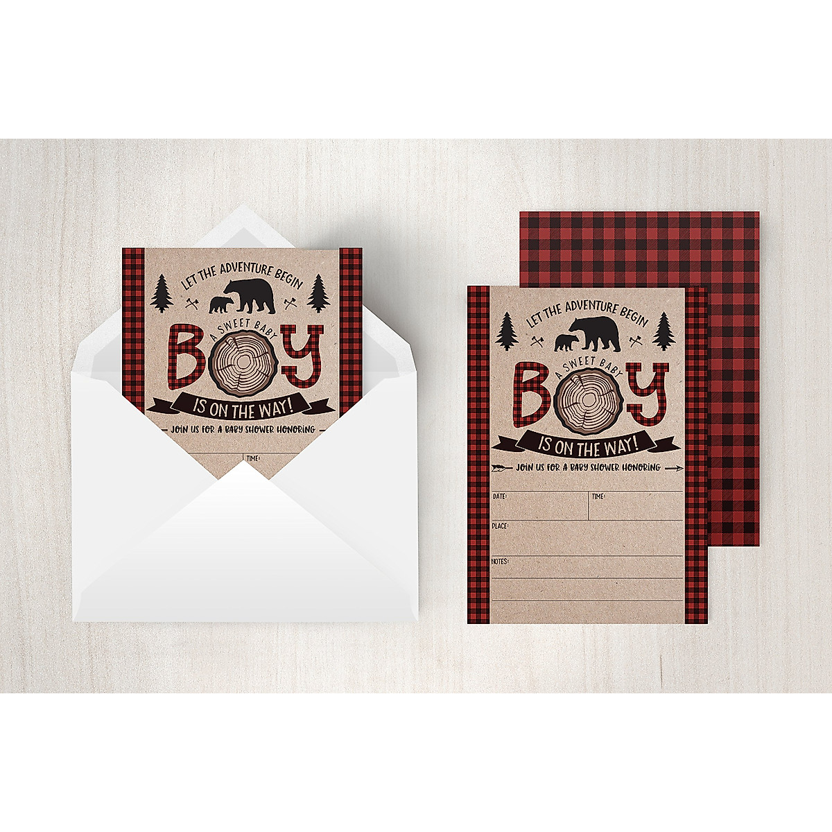 Your Main Event Prints Lumberjack Baby Shower Invitations - Boy Baby Shower Invitations - Mama Bear Baby Shower Invites - Woodland Baby Shower Invitations - 20 Fill-In Invitations and White Envelopes