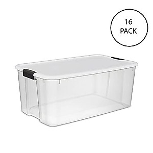 Sterilite 116 Quart Multipurpose Ultra Clear Plastic Storage Tote Container with Secure Latching Lid for Home Organization, (16 Pack)