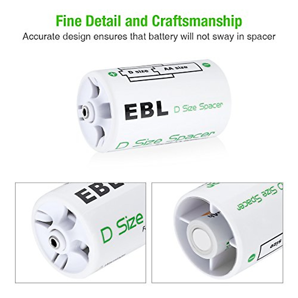 EBL D Size Battery Adapters, AA to D Size Battery Spacer Converter Case Use with Rechargeable AA Battery Cells - 4 Pack