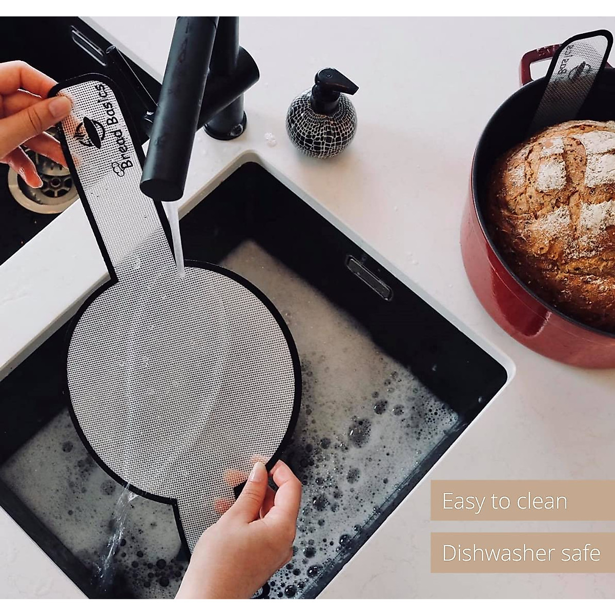 Bread Basics Silicone Baking Mat for Dutch Oven Bread Baking w/Storage Band - Long Handles for Gentler & Safer Transfer of Dough - Easy to Clean - Eco-Friendly Alternative for Parchment Paper - 8.3"