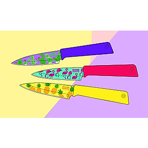 KUHN RIKON Tropics Flamingo Colori+ Non-Stick Straight Paring Knife with Safety Sheath, Stainless Steel