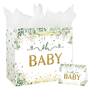 13" Large Baby Boy Girl Gift Bag for Baby Shower or Birthday with Handle, Tissue Paper and Greeting Card (Sage Green Design)