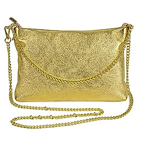Dasein Italian Genuine Calf Leather Crossbody Bag Smooth Shoulder Bag for Women Metallic Evening Bag Party Purse With Two Chain Strap (Gold)