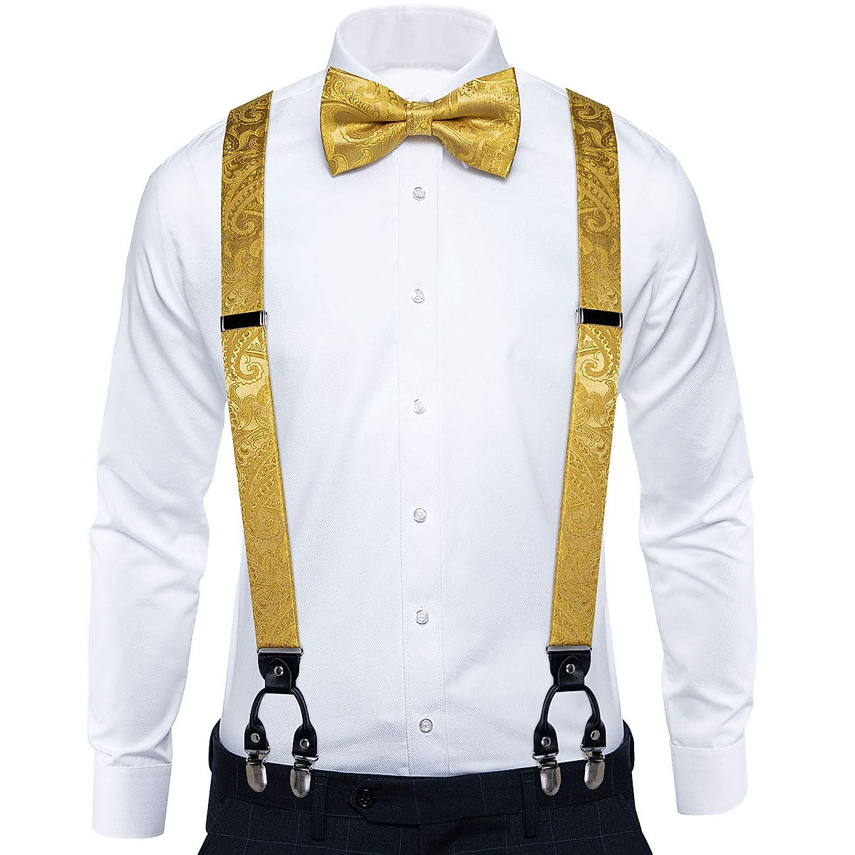 DiBanGu Gold Paisley Suspenders for Men Y-Shape Adjustable Suspenders Bowtie Pocket Square Cufflinks Clip Brace