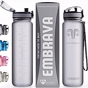 Embrava Best Sports Water Bottle - 32oz Large - Fast Flow, Flip Top Leak Proof Lid w/One Click Open - Non-Toxic BPA Free & Eco-Friendly Plastic - For Men & Women