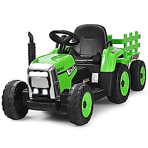 Costzon Ride on Tractor w/Trailer, 12V Battery Powered Electric Vehicle Toy w/Remote Control, 3-Gear-Shift Ground Loader, Treaded Tires, USB, LED Lights, Audio, Safety Belt, Kids Ride on Car (Green)