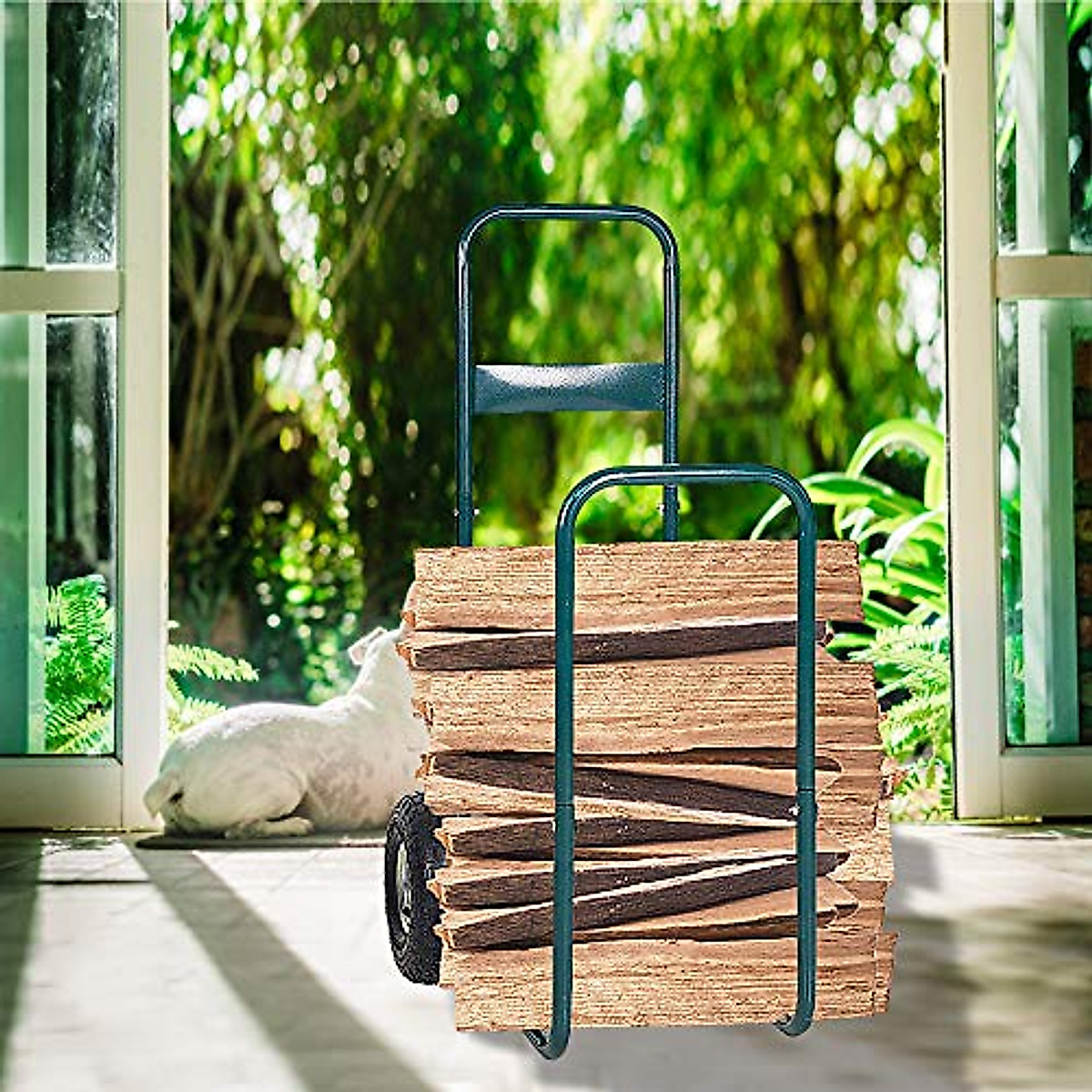 Livebest Firewood Log Cart Carrier Rolling Wood Mover Hauler Fire Rack Storage Holder Backyard Patio Garden, Green