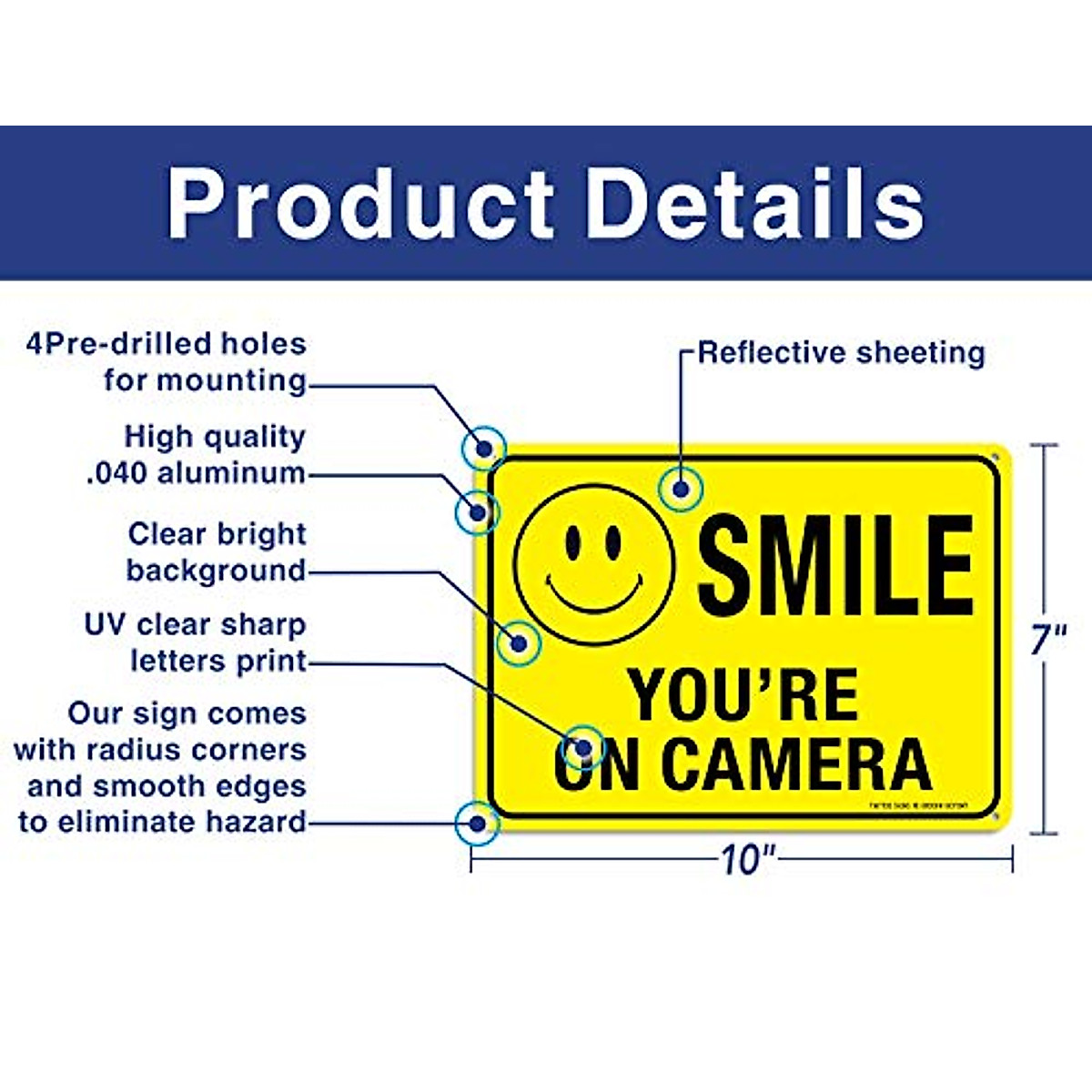 (4 Pack) Faittoo Smile You're On Camera Sign, 10x7 Reflective Rust Free .40 Aluminum, UV Protected, Weather Resistant, Durable Ink, Indoor & Outdoor Use for Home Business CCTV Security Camera