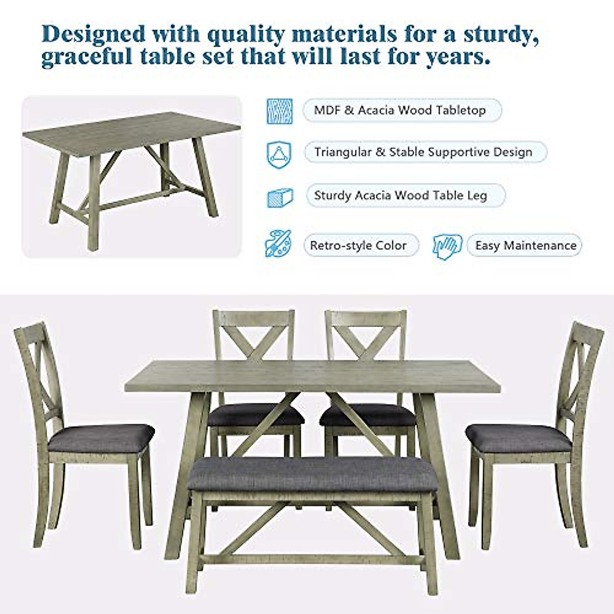 6 Piece Dining Table Set, Wooden Rectangular Kitchen Table and 4 Dining Chairs with Cushions and 1 Bench with Cushion, Wooden Kitchen Dining Room Table Set for 6, Rustic Gray