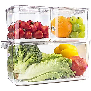 Fridge Storage Containers Produce Saver Stackable Refrigerator Organizer Bins with Removable Drain Tray Fridge Organizer for Fruits and Vegetables 3 Pack