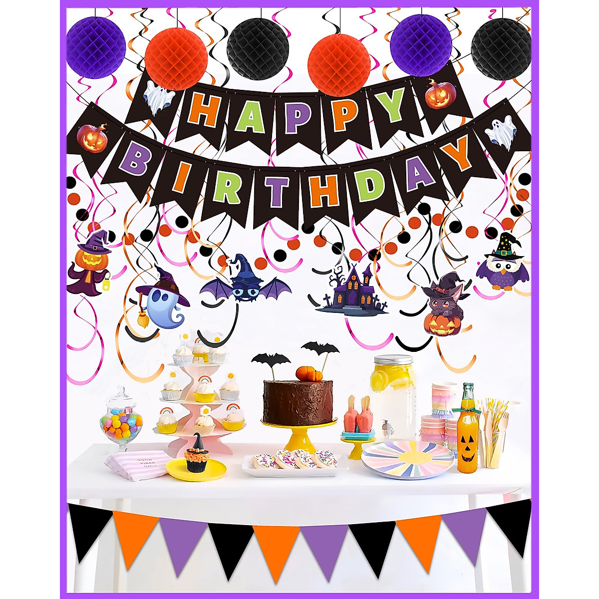 Happy Birthday Banner Halloween Birthday Party Decorations, Paper Pom Poms Triangle Flag Halloween Sign Hanging Garland Swirls Halloween Streamers for Birthday Party Supplies