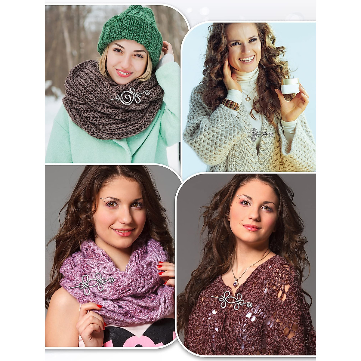 BBTO Celtic Shawl Pin 3 Pcs Crossed Knots Budding Spiral Crocheted Scarf Pin Cloak Pin Sweater Brooch for Women Knitter Handmade Cape(Silver)