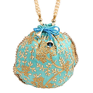 Touchstone NEW Traditional Indian Hand Embroidered Floral Motif Shopping Gifts Jewelry Wedding Sweet Distribution Faux Pearls Strings Drawstring Fancy Teal Green Color Bag For Women.