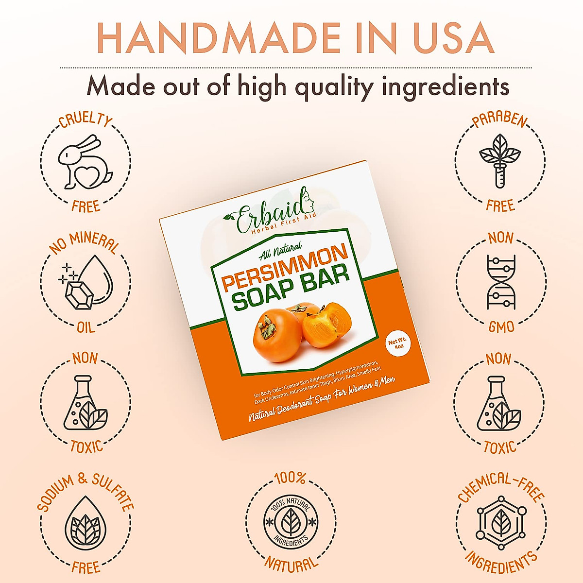 Persimmon Soap Bar for Body Odor Control – Purifying Deodorizing Body Wash with Japanese Persimmon & Green Tea Extract for Eliminating Nonenal Body Odor – Deodorant Soap Great for Skin Brightening