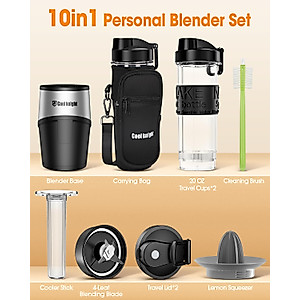 COOL KNIGHT Personal Blender, 500W Portable Blender for Shakes and Smoothies, 10 Pieces Personal Smoothie Blender Set, With 2 * 20 oz Travel Mugs, Carrier Bag, Cooler Stick and Lemon Juicer.BPA Free
