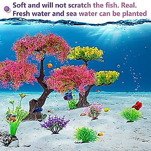 Ameliade Aquarium Artificial Plastic Plants Decoration, Pink Cherry Blossom Tree & Grass Aquarium Decor Set, Goldfish Betta Fish Tank Decorations Hides Accessories （Pink
