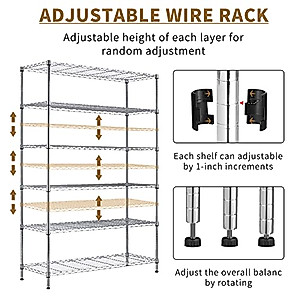 YYkokocat 6-Tier Adjustable Storage Shelves Heavy Duty Wire Shelving Unit with Wheels 2100Lb Metal Layer Rack Shelf NSF Shelving for Closet Kitchen Garage, 82" H x 48" L x 18" D - Chrome