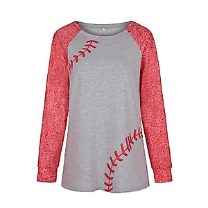 ETATNG Womens Raglan Baseball T-Shirts Crewneck Long Sleeve Patchwork Pullover Casual Tops Red L