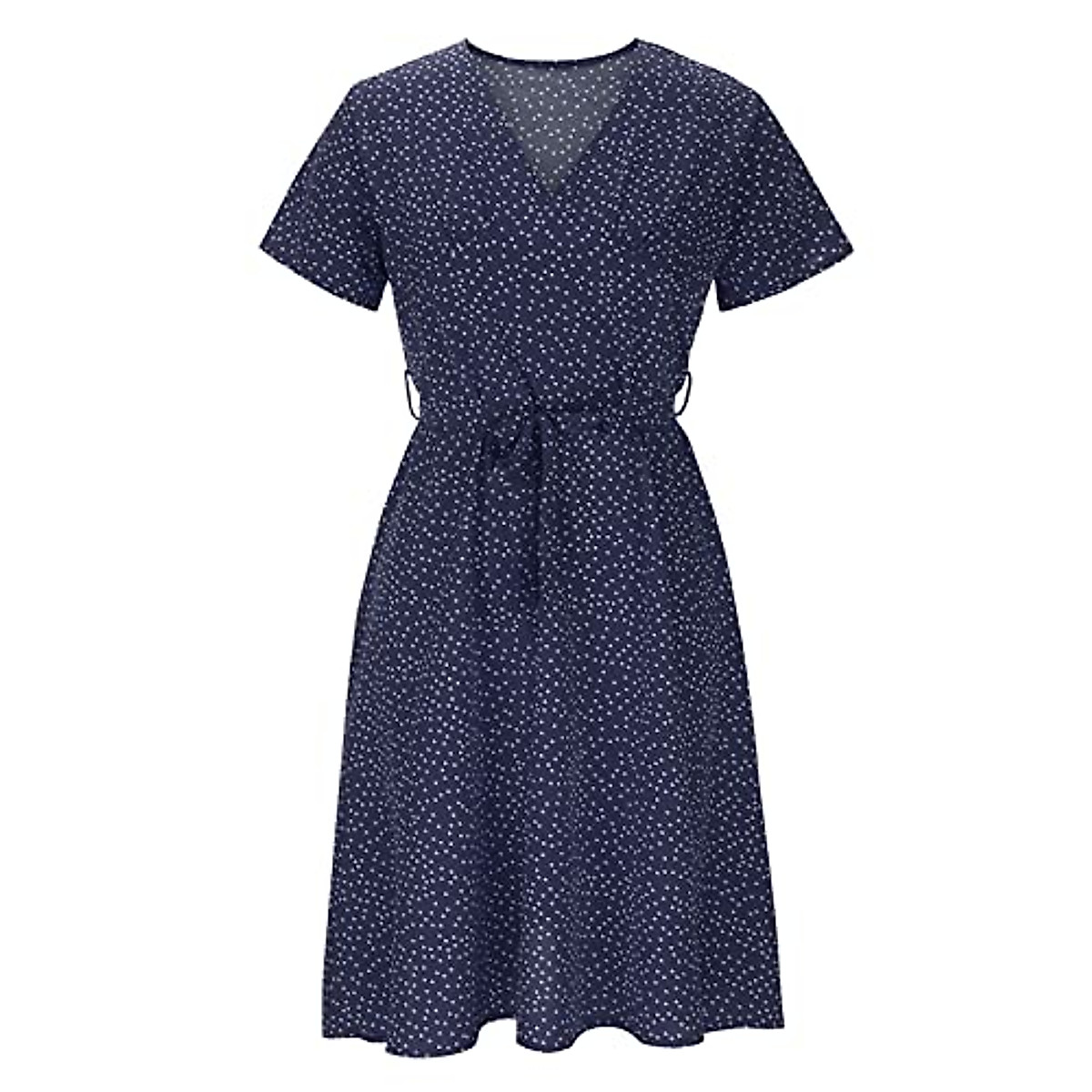 Women Casual Dress Summer Dress V Neck Solid Color Polka Dot Print Dress Short Sleeve Lace Up Tie Sexy Plus Size Dresses