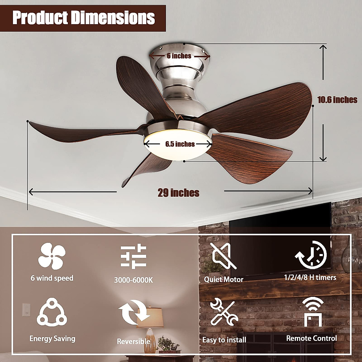 GESUM Ceiling Fan with Lights, 30 lnch Low Profile Ceiling Fan, 5 Reversible Blades, Flush Mount Ceiling Fan Light with 6 Speeds 3 Colors for Indoor Outdoor (Nickel-Walnut)