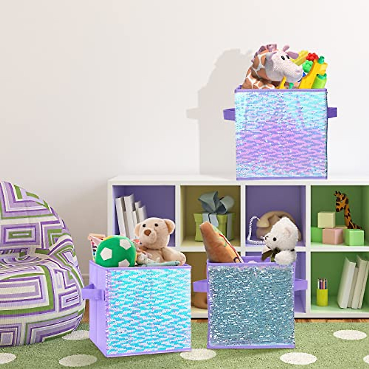 6 Pcs Foldable Sequin Storage Basket Bin 10 Inch Large Fabric Storage Cubes Storage Bin Closet Bins Nursery Bins Shelf Baskets Kids Toys Organizer Boxes for Nursery Home Bedroom Drawer (Purple)