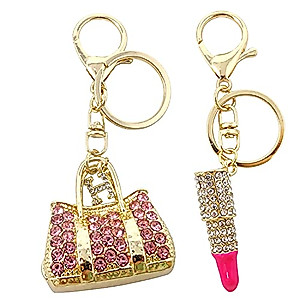 Honbay 2PCS Cute Crystal Lipstick Handbag Style Keychain Bling Bling Rhinestone Car Key Decoration Blingbling Key Purse Keyring for Bag Wallet Handbags Backpack (2 Style)