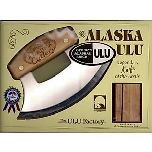 The Ulu Factory Alaska Birch Cutlery Ulu Knife 6" Stainless Steel Blade with Block Wood Stand