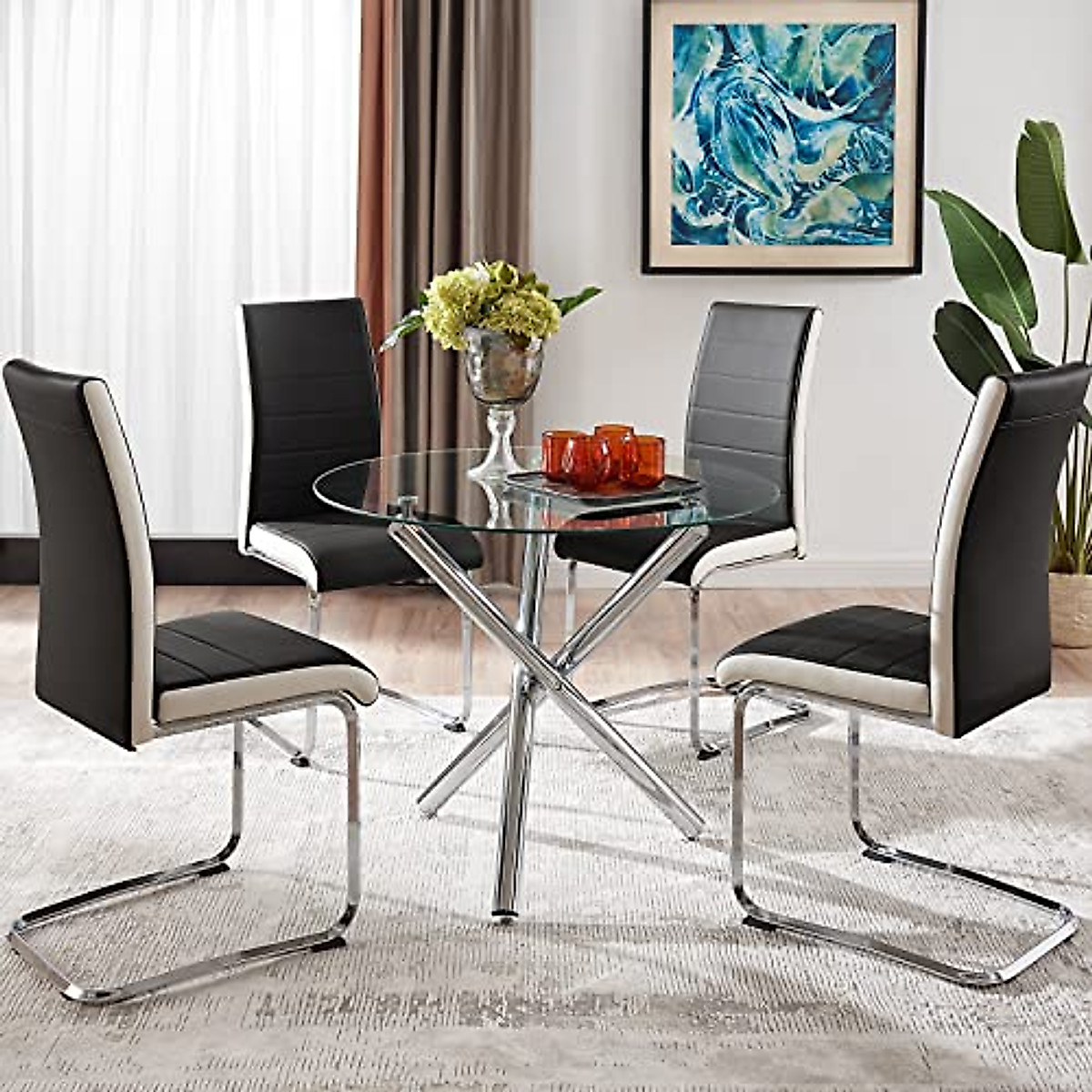 WENYU Dining Chairs Set of 4 – Faux Leather Dining Room Chair Kitchen Chairs with Chrome Legs, Comfortable Side Chairs with Padded Cushion Bedroom Living Room Corner Chairs (Black)