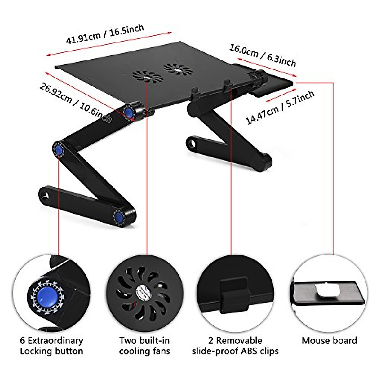 Portable Laptop Stand, 360 Degree Adjustable Foldable Computer Tablet Notebook Table Desk Holder Rack with Mouse Tray for Bed Red (Black-Dual Fan)
