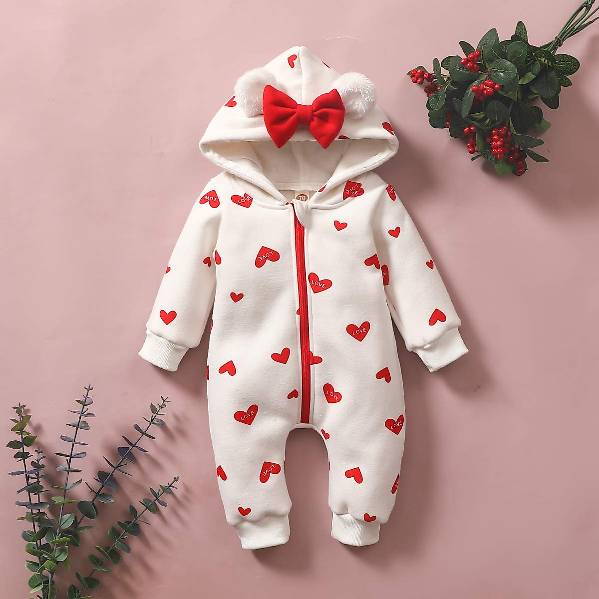 Newborn Baby Girl Valentine's Day Outfits Zipper Love Heart Hooded Romper Jumpsuit Fall Winter One Piece Clothes