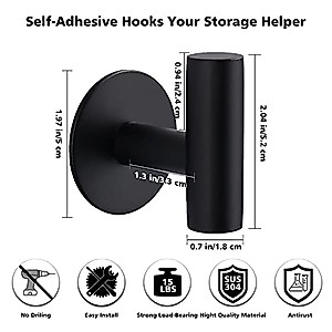 Adhesive Towel Hooks, Heavy Duty Wall Hooks Stainless Steel Waterproof Shower Towel Hooks, Coat Hooks for Hanging Clothes, Door Hooks Adhesive Hooks for Bathroom- 4 Pack, Black