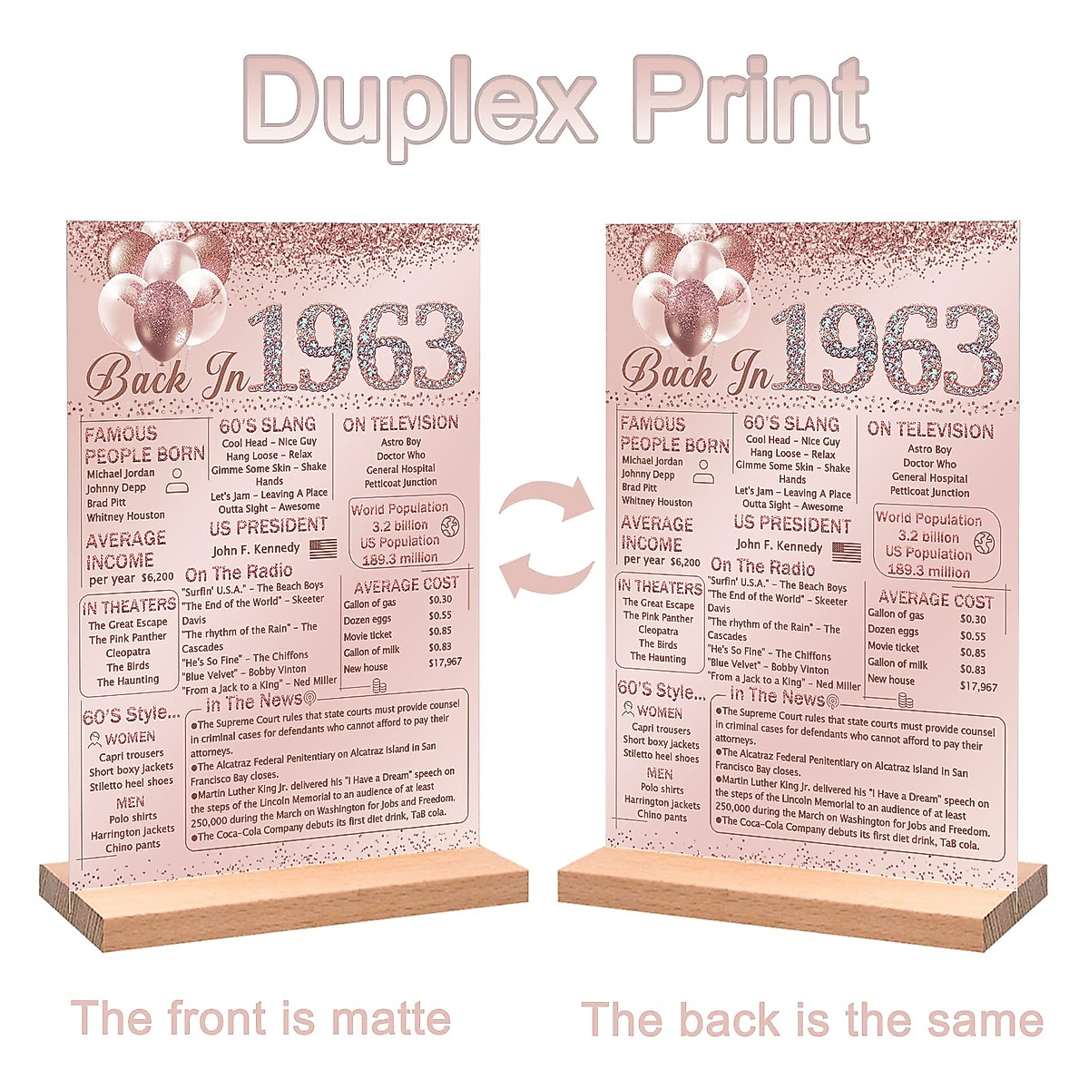 Vlipoeasn Pink 61st Birthday Anniversary Table Decoration 1963 Poster for Women, Rose Gold Back in 1963 Acrylic Table Sign with Wooden Stand, 61 Year Old Birthday Party Centerpieces Gift Supplies