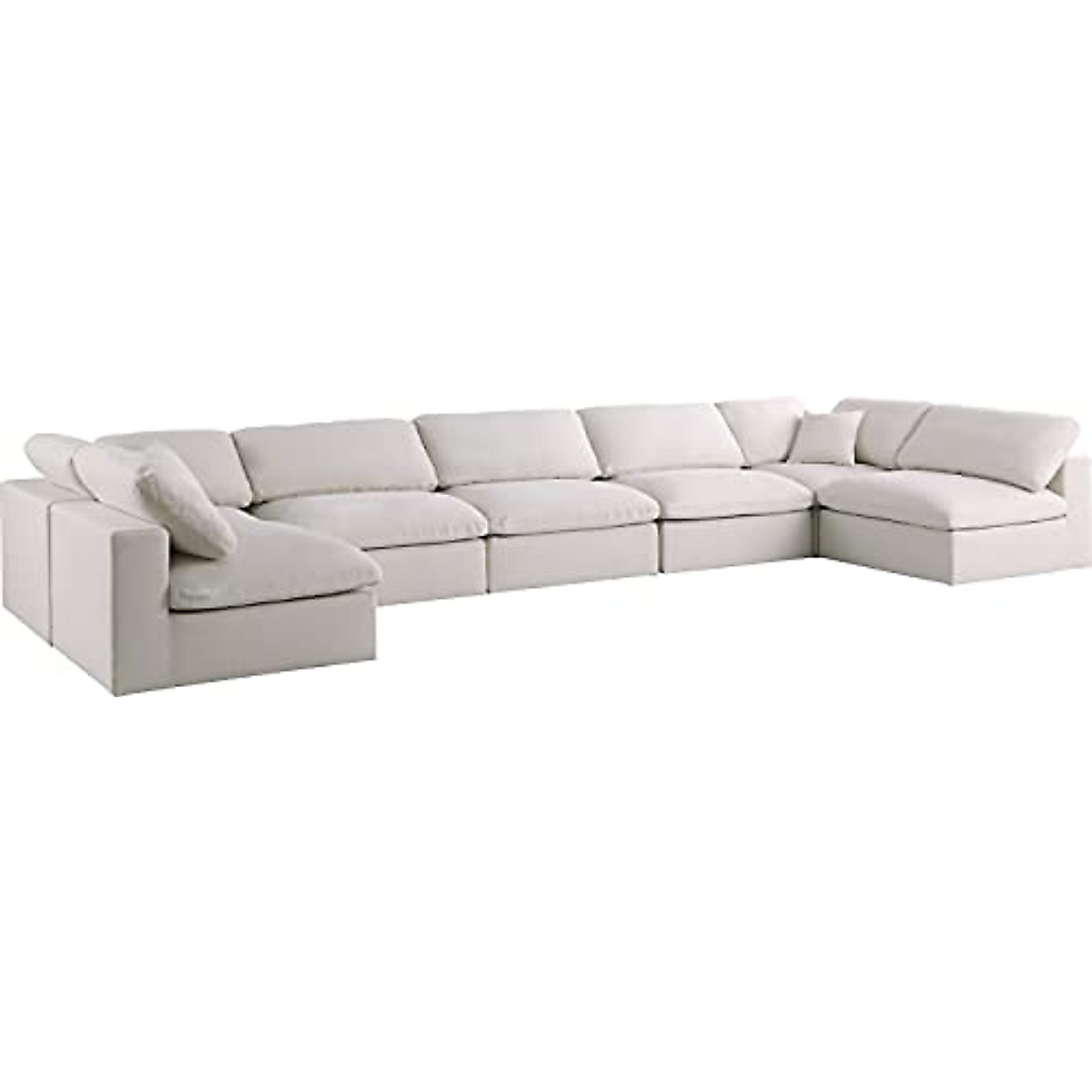 Meridian Furniture Plush Collection Contemporary Down Filled Cloud-Like Comfort Overstuffed Velvet Upholstered Modular U-Shaped Sectional, 7-Seater, Armless, Cream