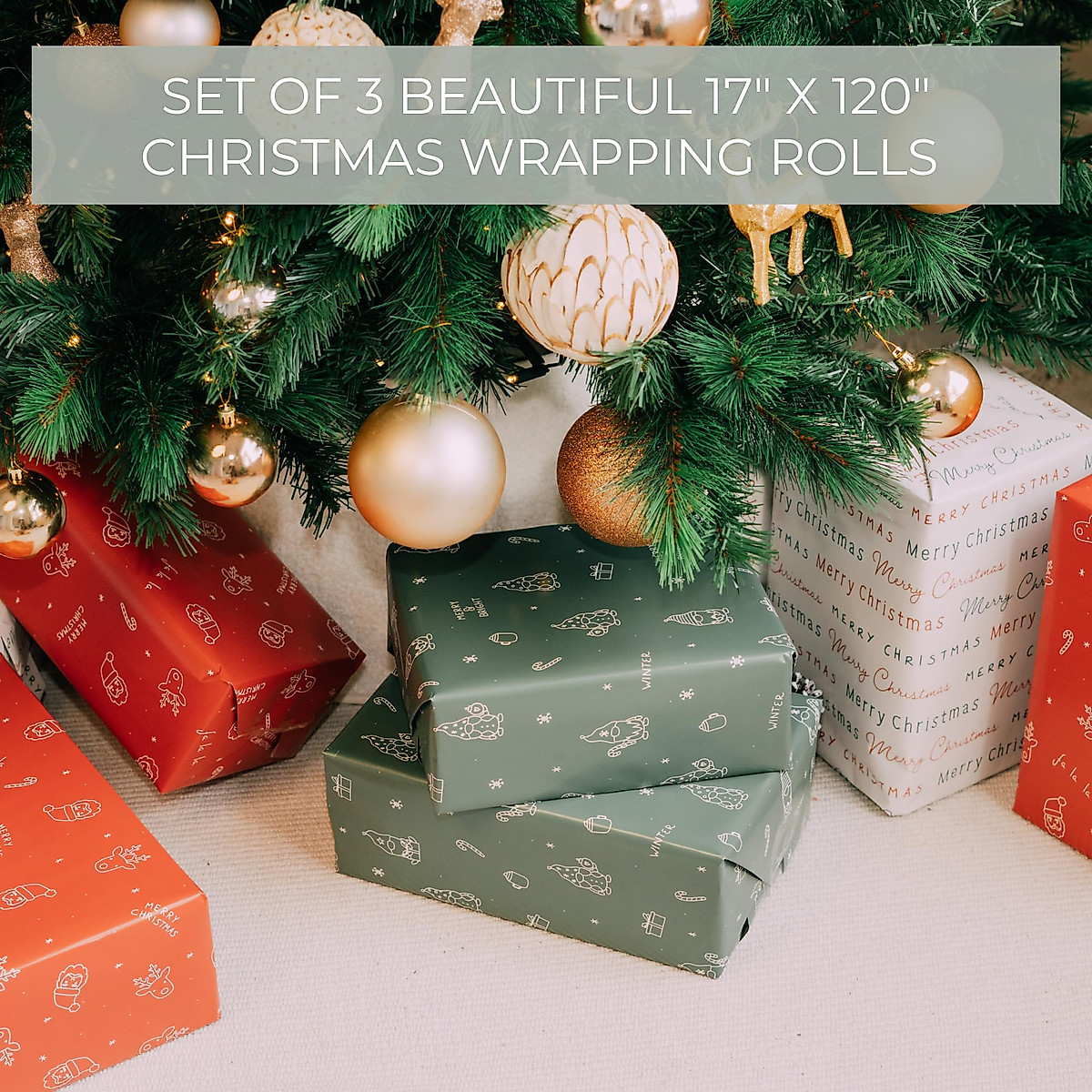 Beautiful Christmas Gift Wrapping Paper Rolls - Set of 3 Quality Paper Rolls With Cute Designs For Small & Medium Size Gifts - Add a Touch of Magic to Every Gift You Wrap - 17 in x 120 in Per Roll