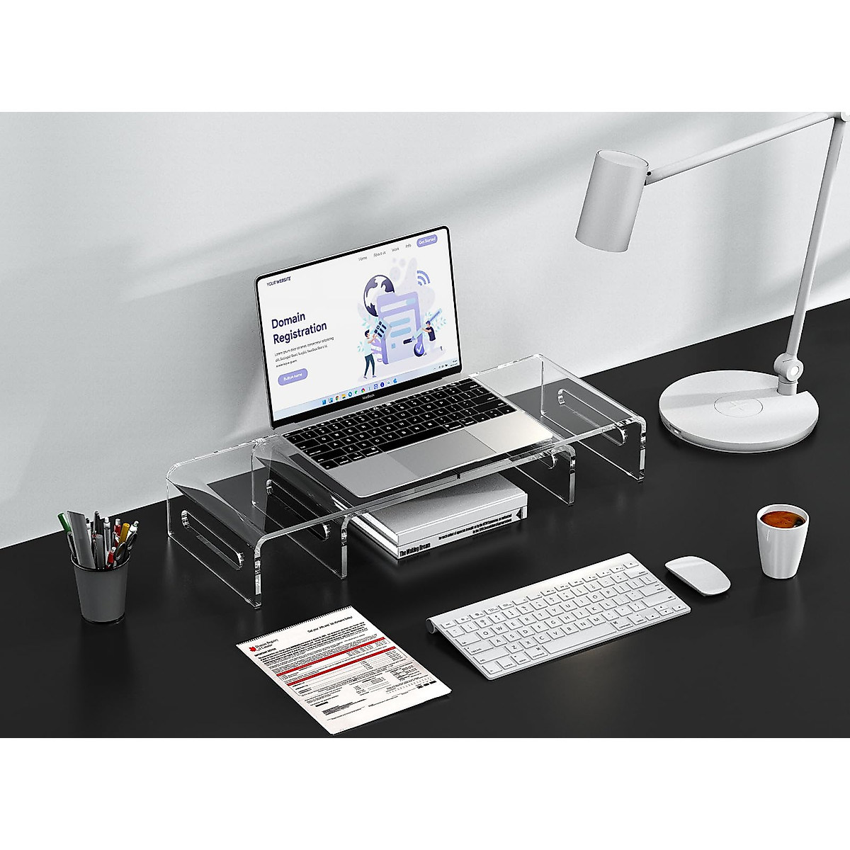 ErgoFocus Acrylic Monitor Stand Riser, Dual Monitor Stand with Adjustable Length and Angle, Clear Monitor Stand for 2 Monitors, 3 Shelf Monitor Stand Riser with Anti-Slip Mat for Computer