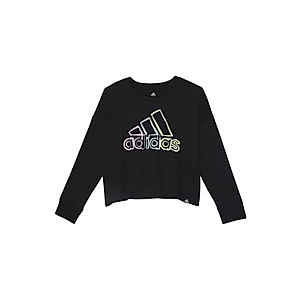 adidas Girls' Long Sleeve Cotton Crewneck BoS T-Shirt, Black, Small (7/8)