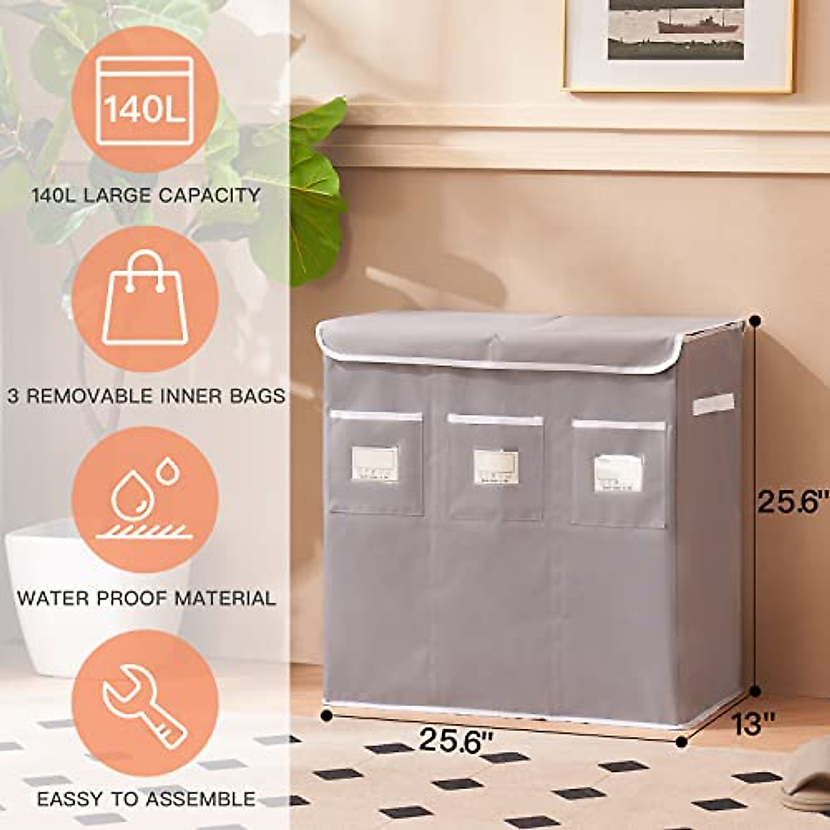 TECHMILLY 3 Section Large Laundry Basket, 140L Laundry Hamper with Lid，Waterproof Durable Clothes Hamper with 4 Removable Bags and 3 labels for Bathroom, Bedroom, Dorm, (Grey)
