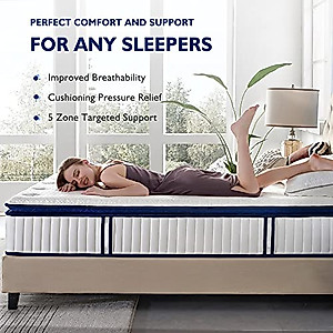 Zeelovtress Queen Mattress, 12 Inch Cooling Gel Memory Foam Mattress with 5-Zone Pocket Coils, Hybrid Mattress Queen in a Box, Medium Firm Mattress