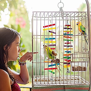 MEWTOGO 2Pcs Bird Toys, Parrots Toys with Bells and Plastic Beads, Colourful Natural Wooden Blocks in 2 Shapes for Cockatoos Cockatiel African Grey Macaws and Amazon Parrots