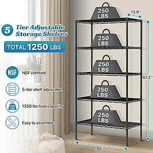 WYGMAV 5-Tier Wire Shelving Unit Adjustable Metal Storage Shelving Commercial Storage Shelves with Wheels Heavy-Duty Metal Storage Rack for Pantry, Restaurant, Garage, Kitchen, Black