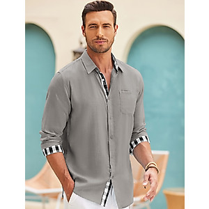 COOFANDY Mens Shirt Casual Linen Dress Plaid Collar Button Down, Grey, Large, Long Sleeve