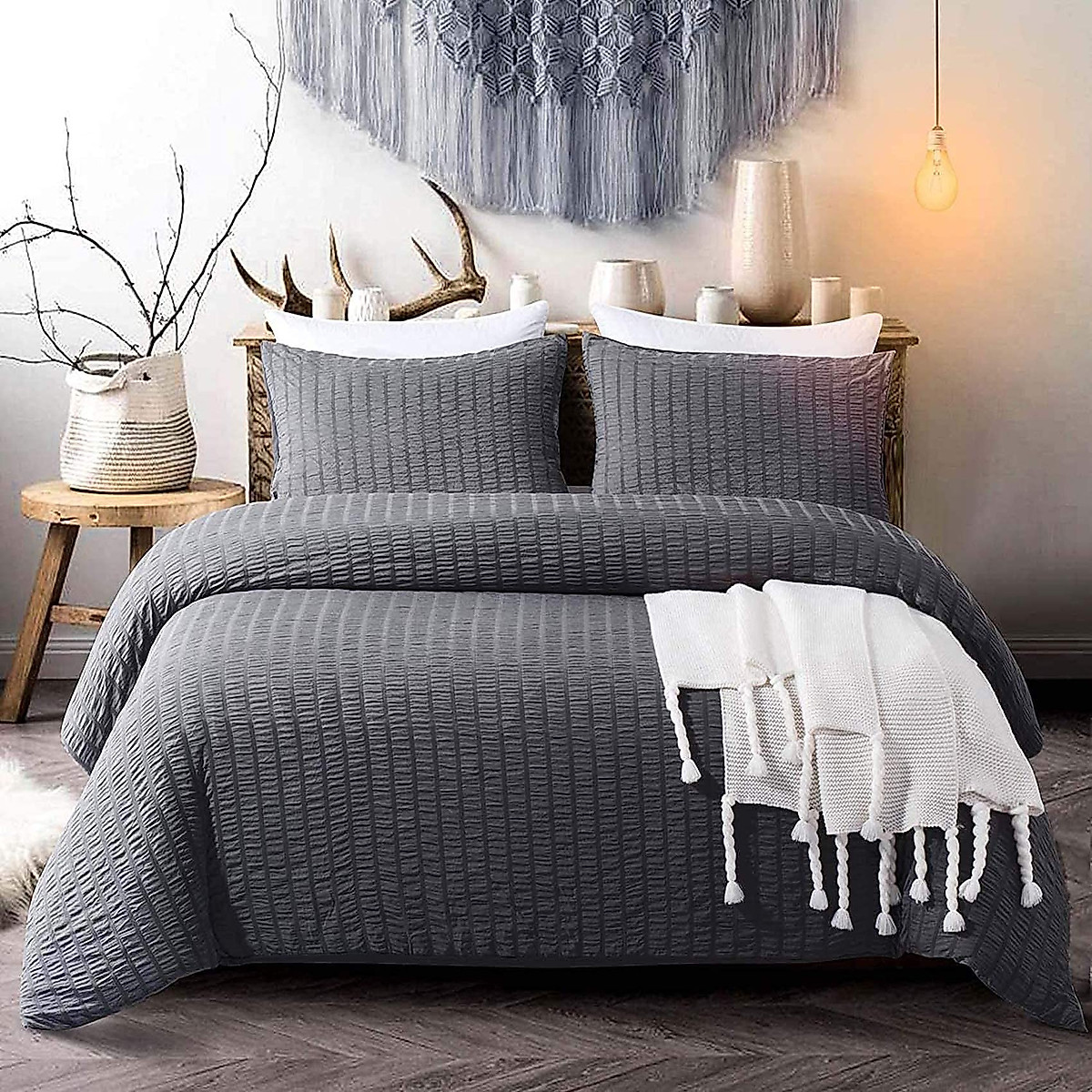 Cozyholy Seersucker Duvet Cover Set Queen Size 3 Pieces Dark Grey Textured Bedding Duvet Cover Ultra Soft Lightweight Microfiber Comforter Cover Set with Zipper Closure Corner Ties