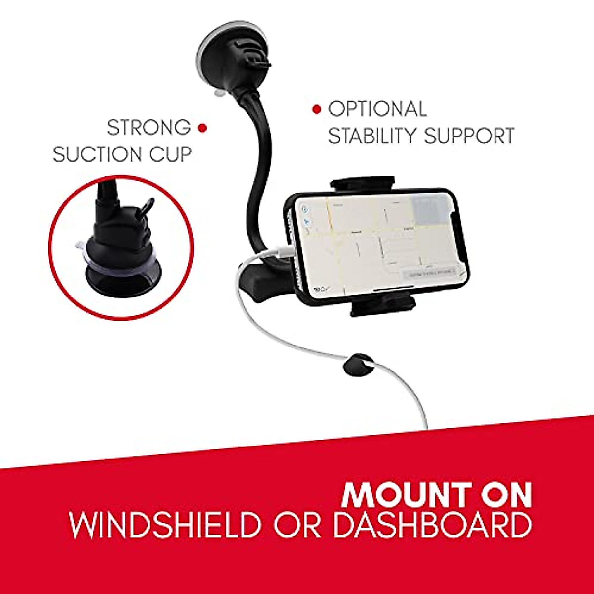 Macally Windshield Phone Mount for Car, Super Strong Suction Cup Phone Holder for Truck - Universal Gooseneck Window Phone Mount for Car, Compatible with iPhone, Samsung, Cell Phone, Android, Mobile
