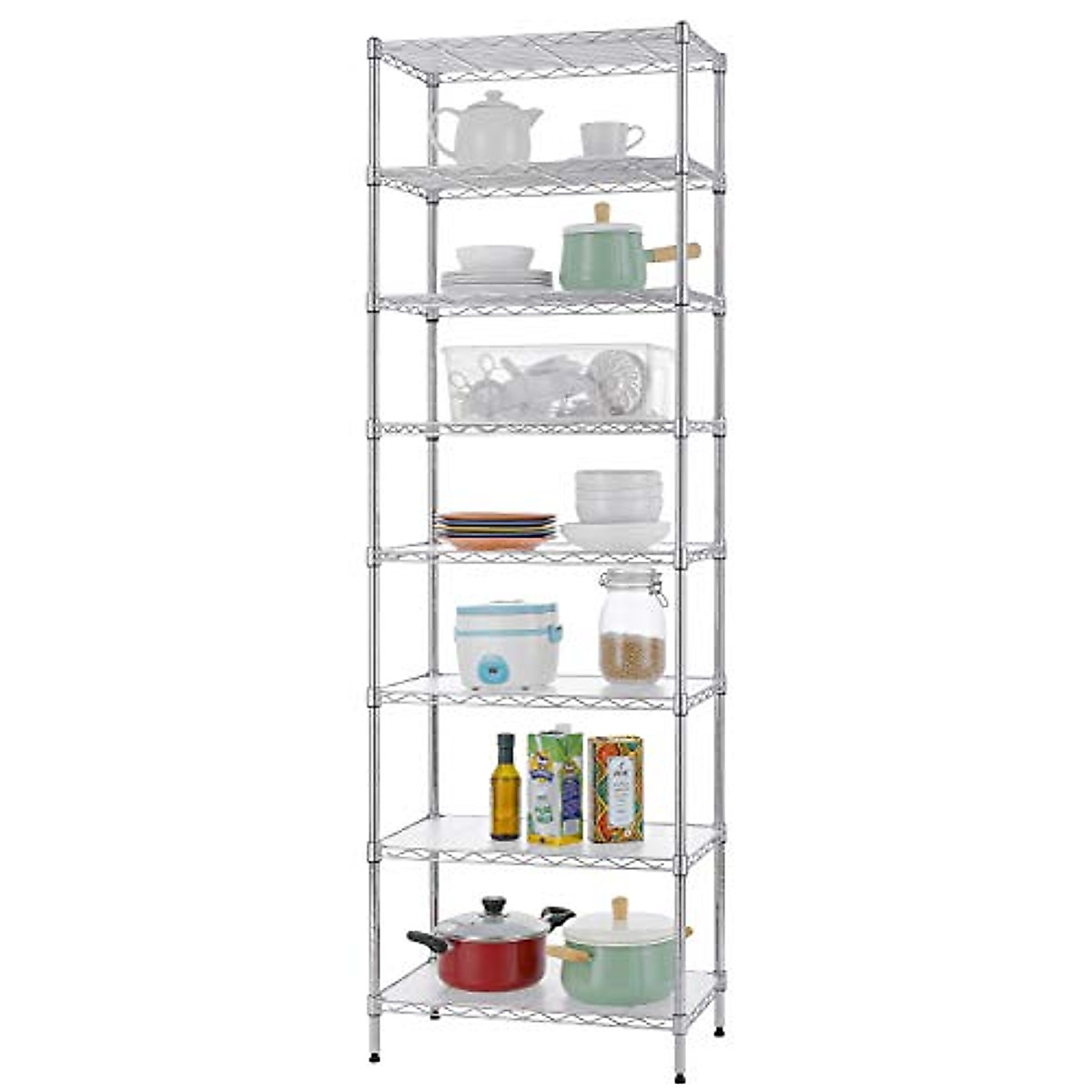 Finnhomy 8-Tier Wire Shelving Unit, Adjustable Pantry Shelves, 8 Shelves Metal Shelving for Storage, Wire Storage Racks or Two 4-Tier Shelving Units with 8 Pieces of PE mat, NSF Certified, Chrome