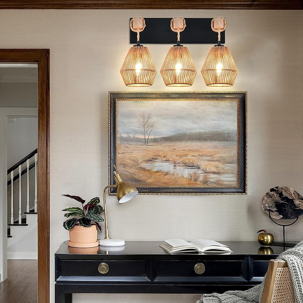 ILLMTW 3-Light Bathroom Vanity Lights Over Mirror,Farmhouse Wood Vanity Light Fixtures for Bathroom,Boho Rustic Adjustable Color with Woven Rattan Wicker Wall Sconces for Hallway Bedroom Living Room