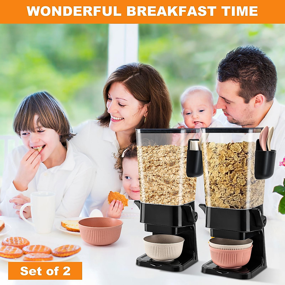 Osacoe Cereal Dispenser Countertop Black 2 Pack with Bowls Spoons Cutlery Box,5.5 QT Dry Food Dispenser Snack Organizer Containers Storage for Pantry Kitchen Organization Oatmeal Nut Granola Candy