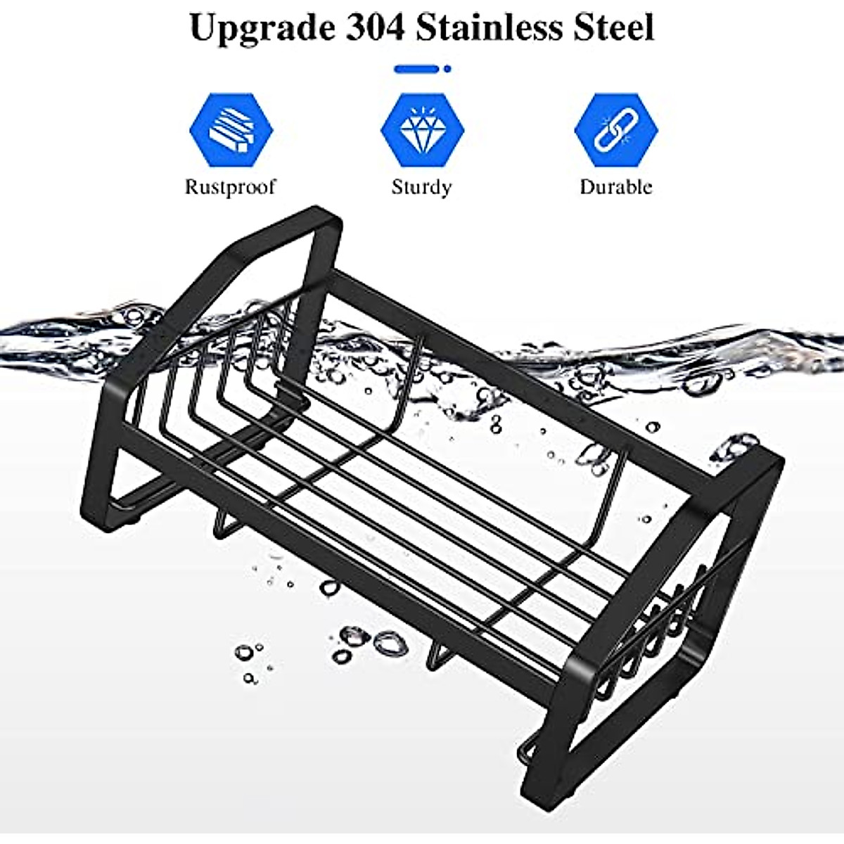 BSKSSK Sink Caddy, Sponge Holder for Kitchen Sink, Kitchen Bathroom Sink Organizer, 304 Stainless Steel Kitchen Countertop Organizer Soap Tray with Removable Drain Tray-Black