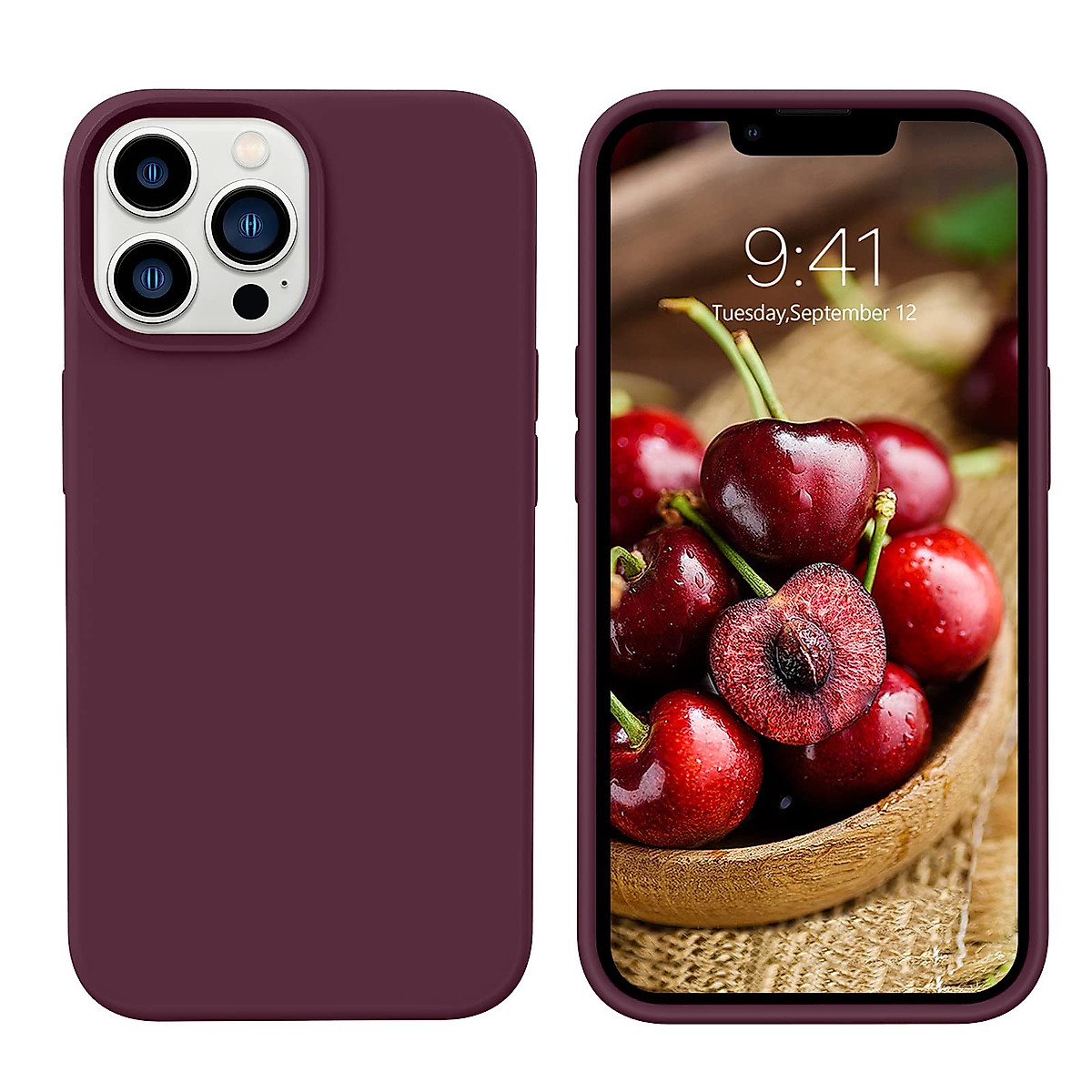 GUAGUA Compatible with iPhone 13 Pro Max Case 6.7 Inch Liquid Silicone Soft Gel Rubber Slim Microfiber Lining Cushion Texture Cover Shockproof Protective Phone Case for iPhone 13 Pro Max, Plum Red